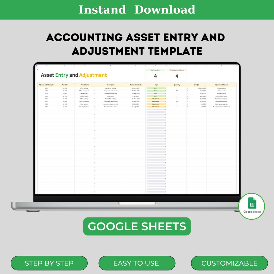 Accounting Asset Entry and Adjustment Template, Google Sheets, Editable ...
