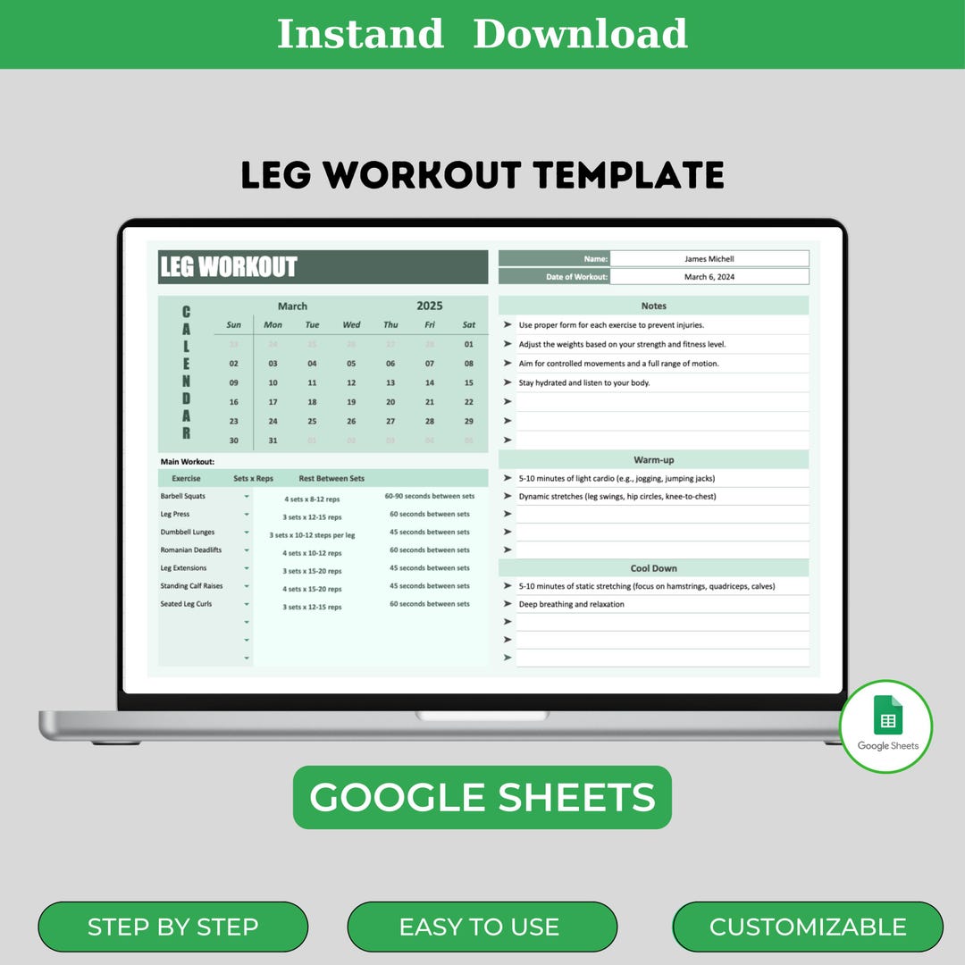 Leg Workout Template, Editable Google Sheets, Digital Download, Leg ...