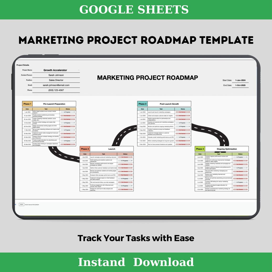 Marketing Project Roadmap Template, Editable Google Sheets for Campaign ...