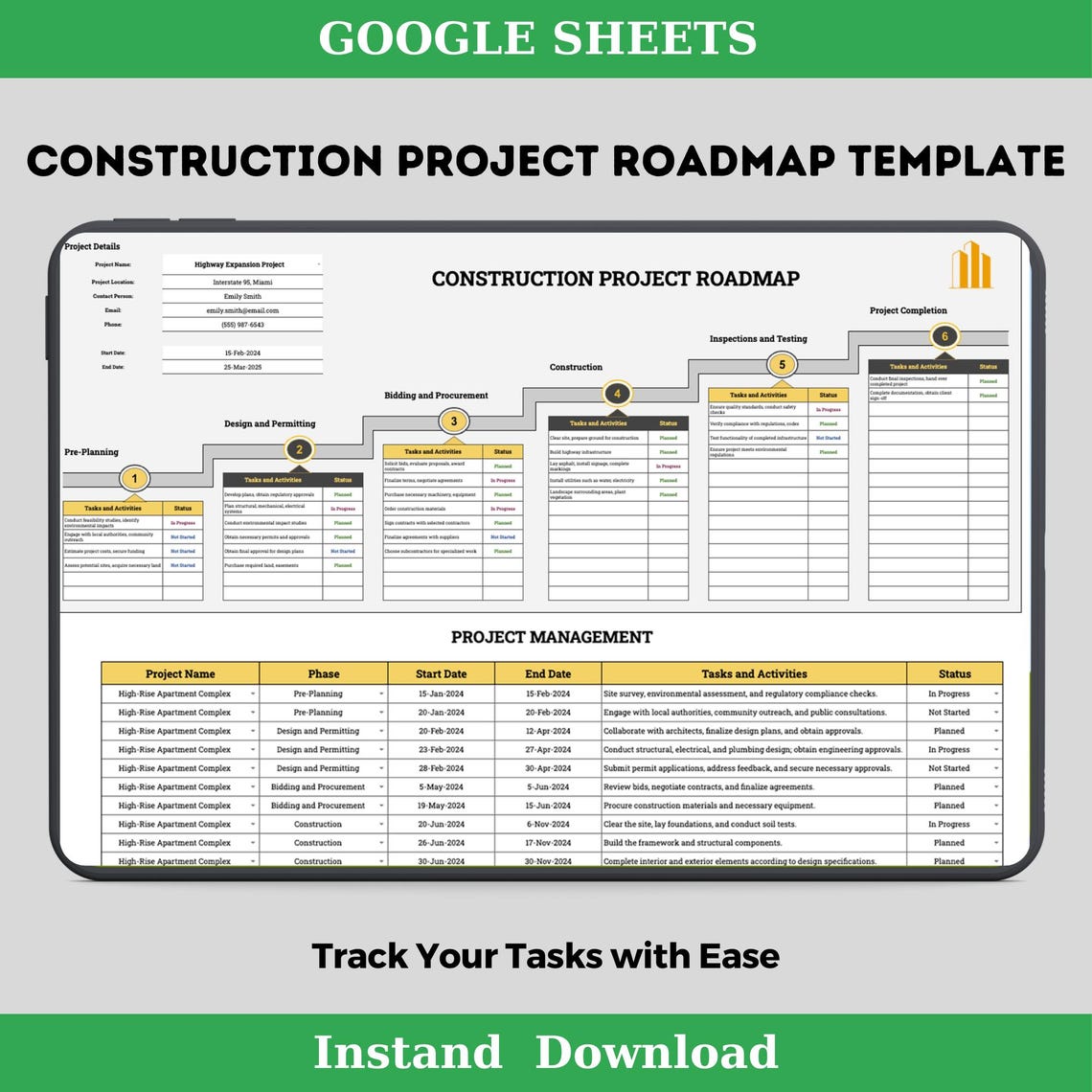 Construction Project Roadmap Template, Editable Google Sheets for ...