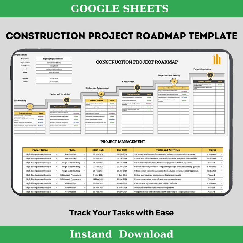 Construction Project Roadmap Template, Editable Google Sheets for ...