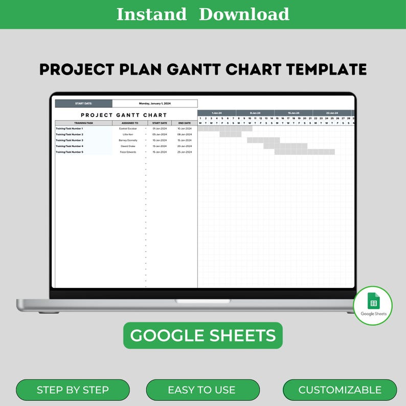 Project Plan Gantt Chart Template, Editable Google Sheets for Task and ...