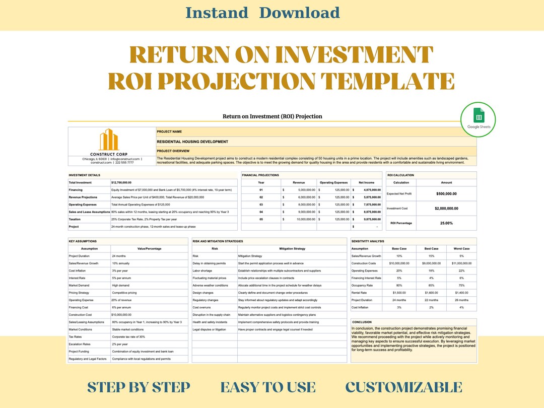 Return on Investment (ROI) Projection Templated, Editable Google Sheets ...