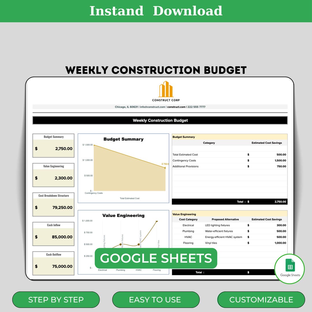 Weekly Construction Budget Template Google Sheets Editable Digital ...