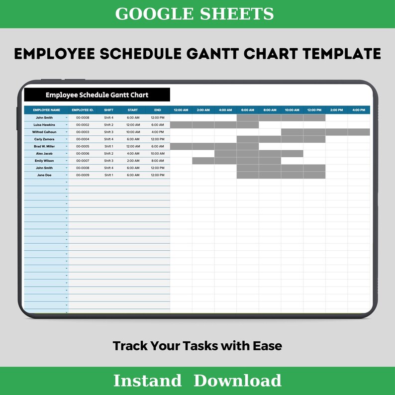 Employee Schedule Gantt Chart Template, Editable Google Sheets for ...