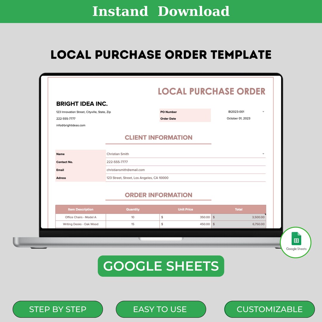 Local Purchase Order Template, Digital Download, Editable Google Sheets ...