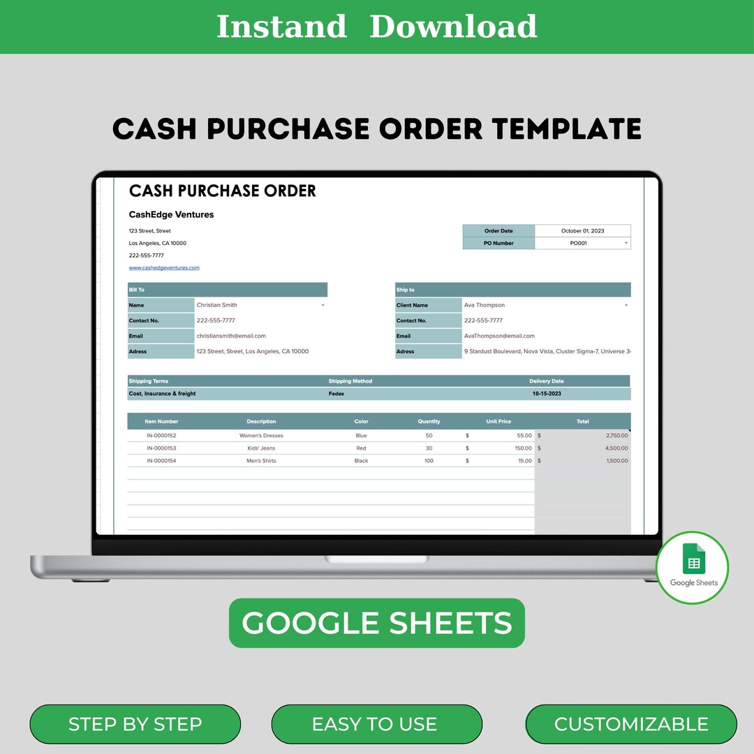 Cash Purchase Order Template, Editable Google Sheets for Order and ...