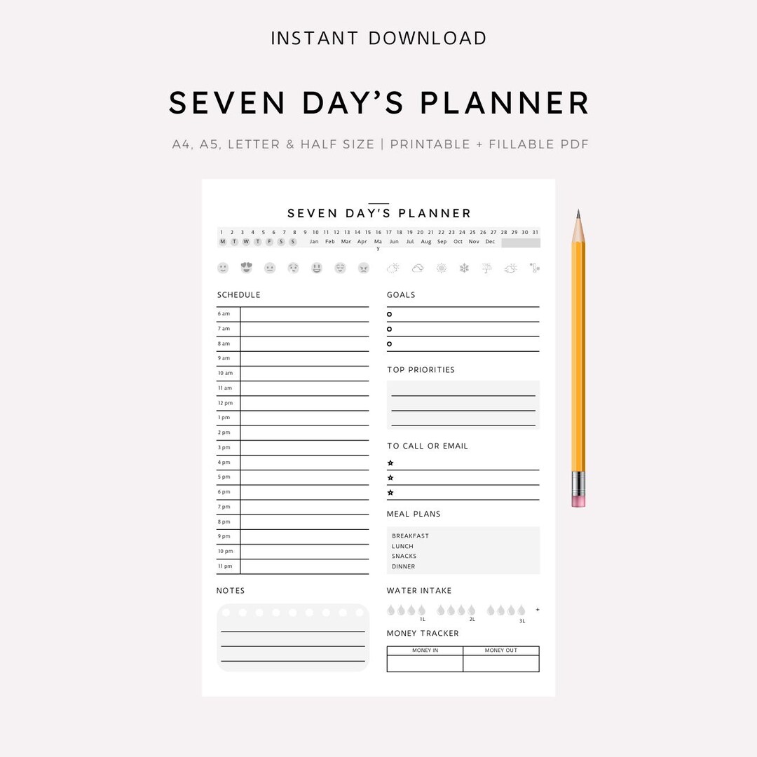 Seven Days Planner Printable Weekly PDF Digital Download for Students ...