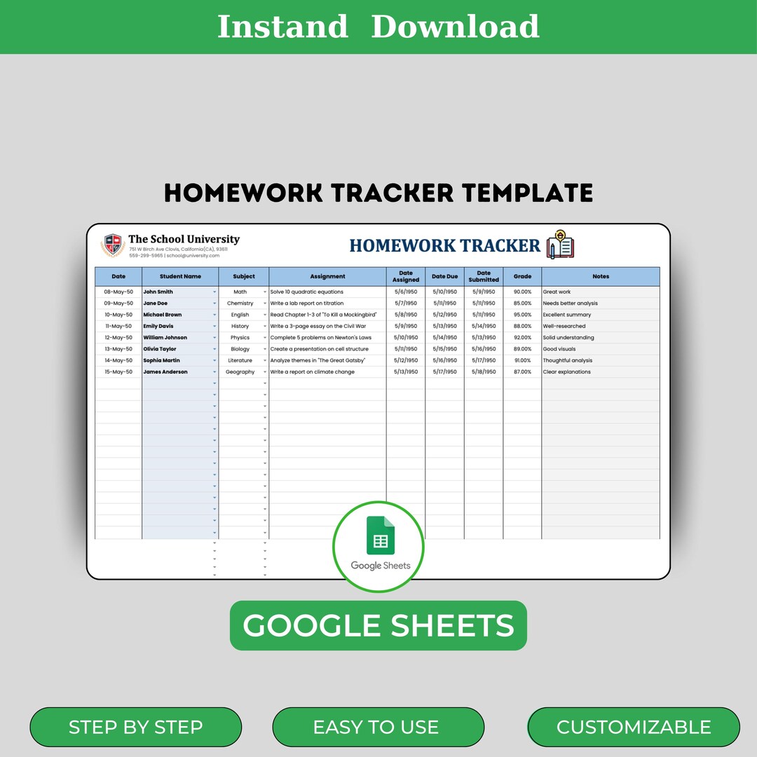 Homework Tracker Template, Assignment Planner, School Task Organizer ...