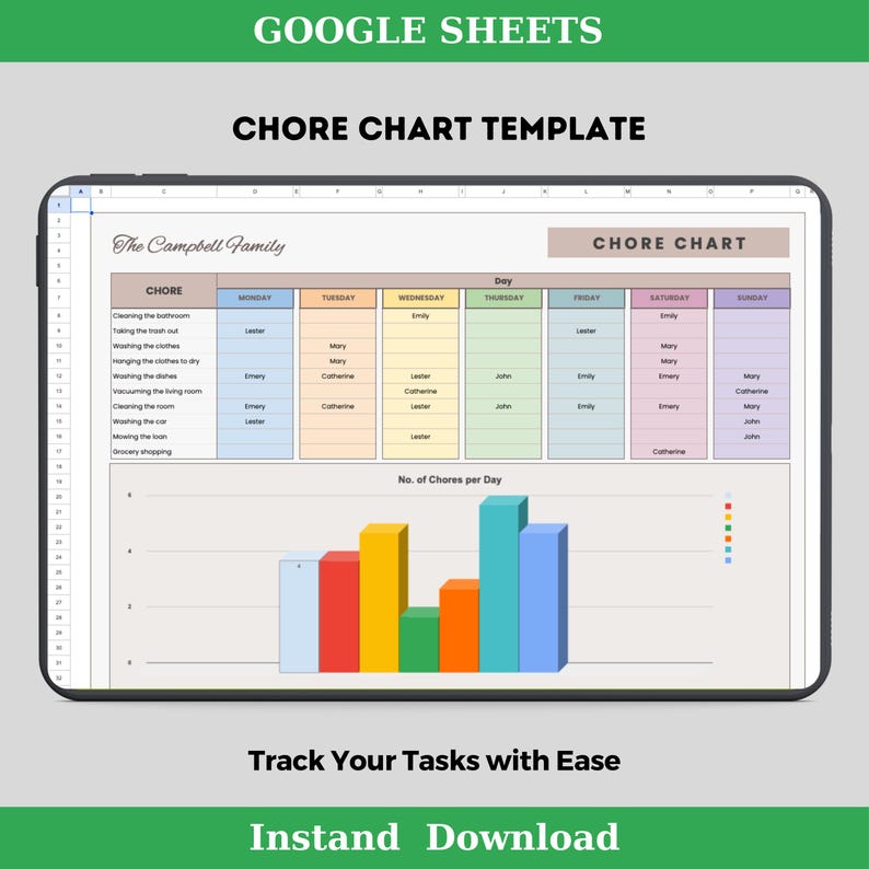Chore Chart Template, Digital Download, Editable Google Sheets, Easy-to ...