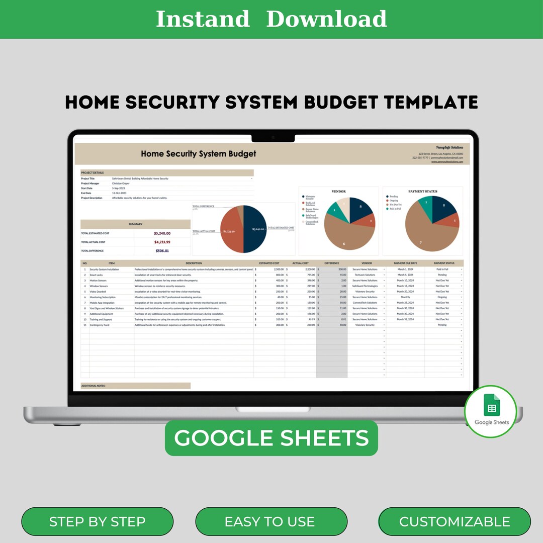 Home Security System Budget Template Google Sheets Editable Digital ...