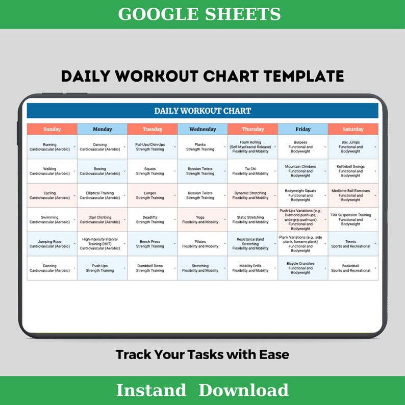 Daily Workout Chart Template, Google Sheets, Fitness Tracker, Digital ...
