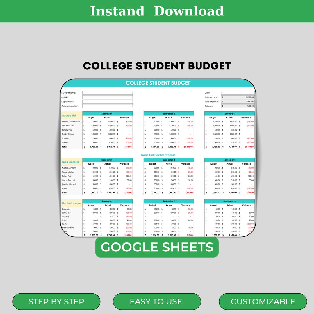 College Student Budget Template Google Sheets Editable Digital Download ...