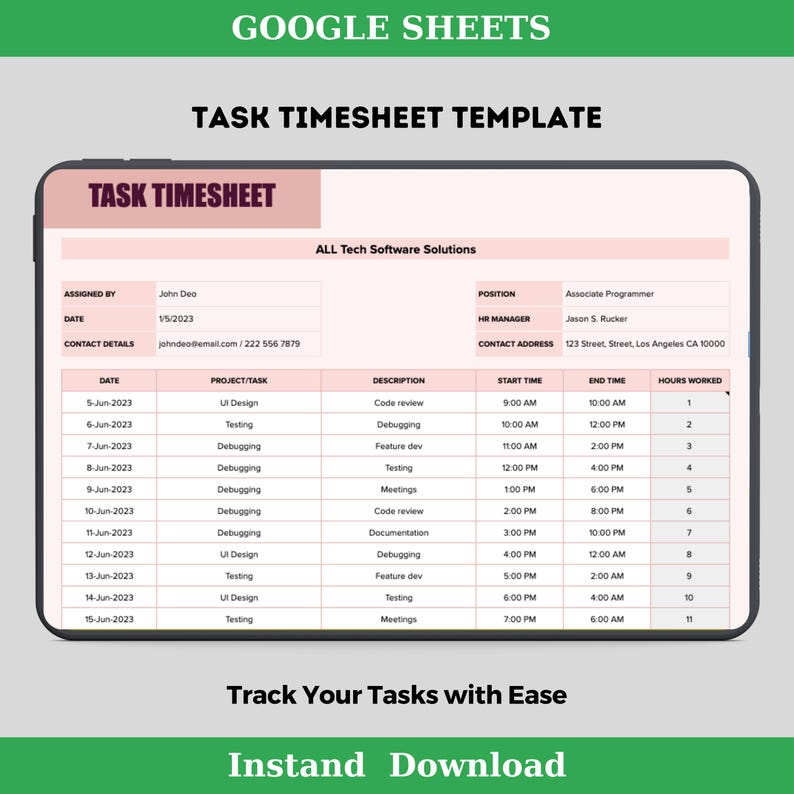 Task Timesheet Template, Digital Download, Editable Google Sheets, Easy ...