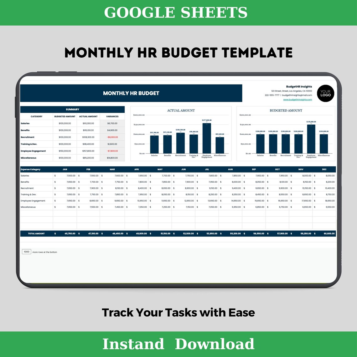 Monthly HR Budget Template, Editable Google Sheets for Human Resources ...