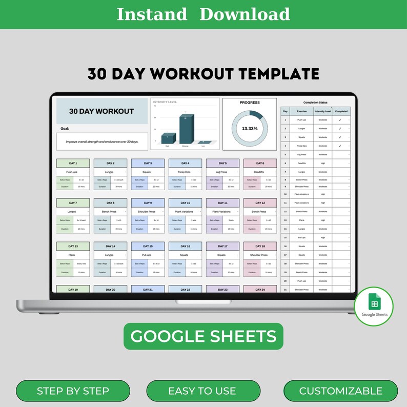 30 Day Workout Template, Editable Google Sheets, Digital Download ...