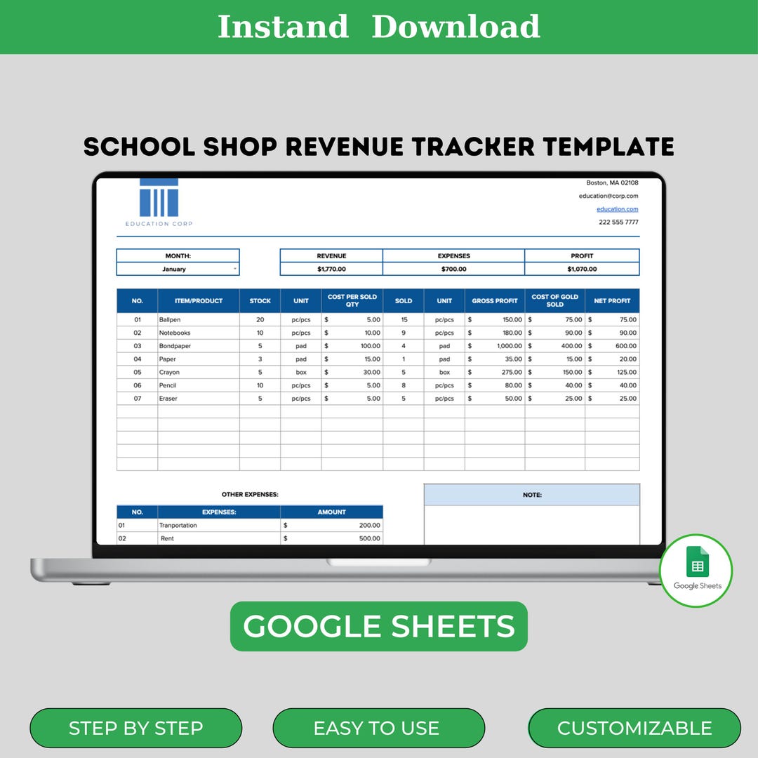 School Shop Revenue Tracker, Sales Log Template, Profit & Expense Sheet ...