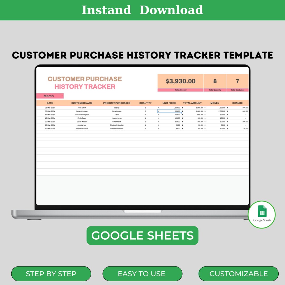 Customer Purchase History Tracker, Sales Record Spreadsheet, Order ...