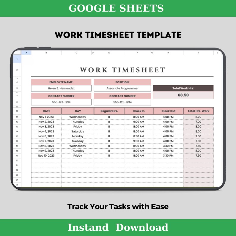 Work Timesheet Template, Digital Download, Editable Google Sheets, Easy ...