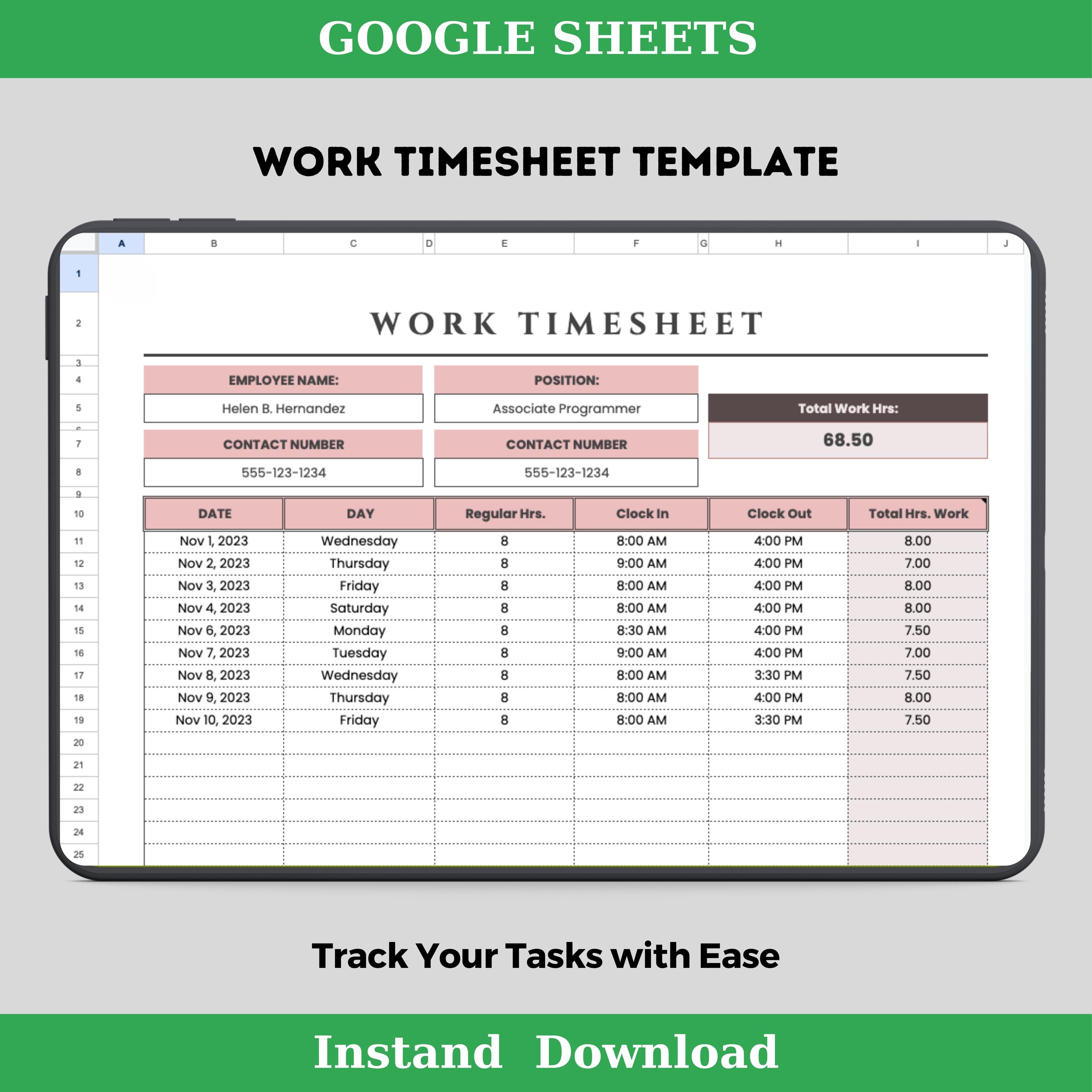 Work Timesheet Template, Digital Download, Editable Google Sheets, Easy ...