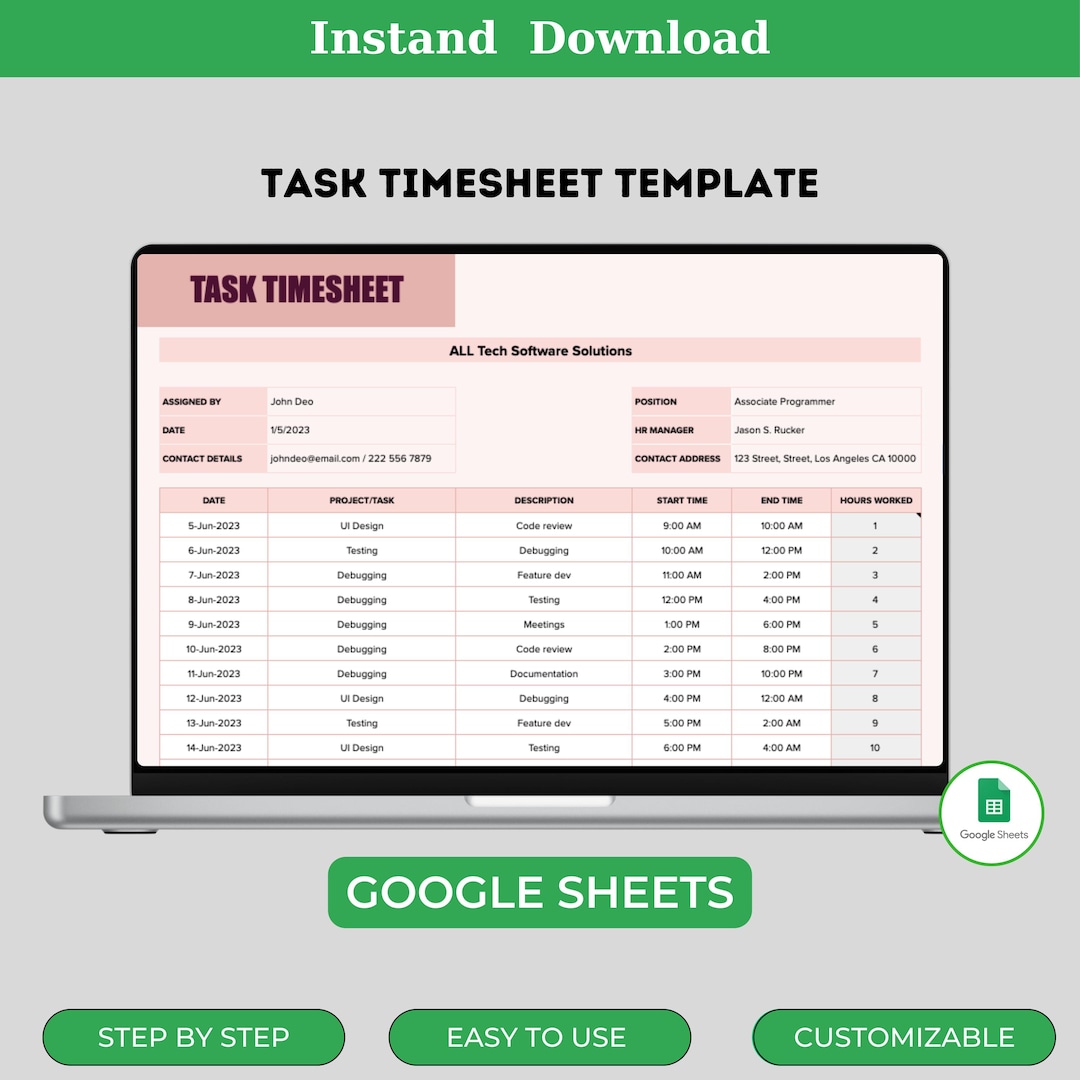 Task Timesheet Template, Digital Download, Editable Google Sheets, Easy ...