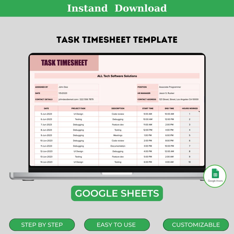 Task Timesheet Template, Digital Download, Editable Google Sheets, Easy-to-use Work Hour Tracker ...