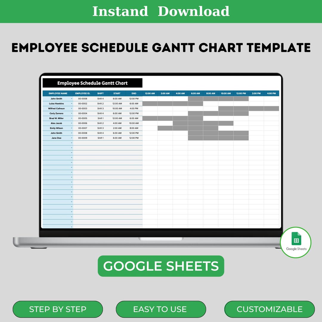 Employee Schedule Gantt Chart Template, Editable Google Sheets for ...
