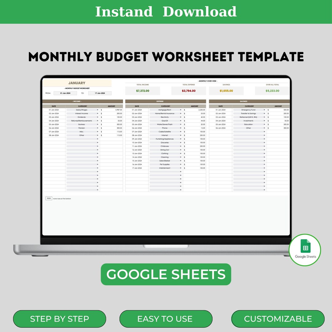 Monthly Budget Worksheet Template, Editable Google Sheets for Personal ...