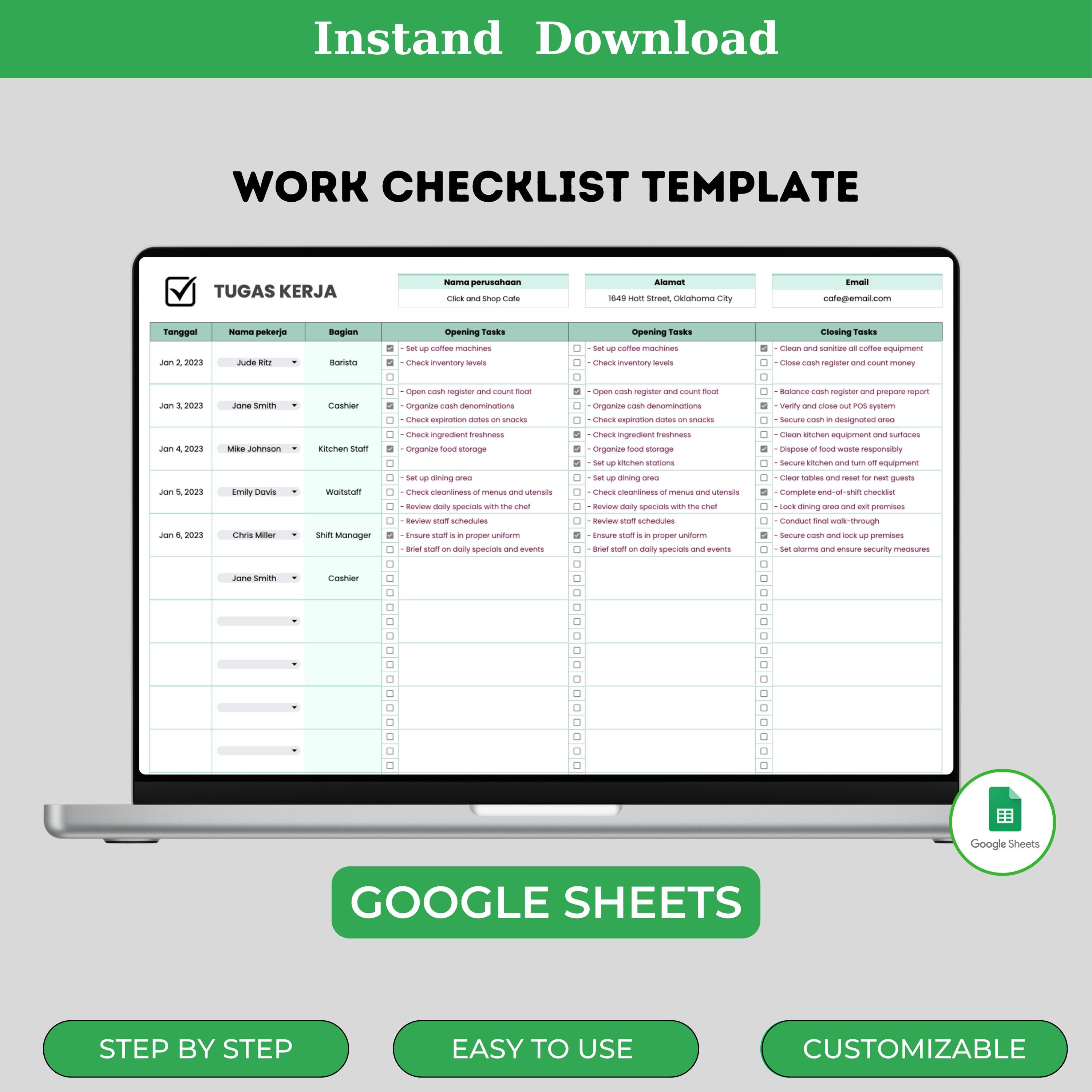 Work Checklist Template for Task Management, Editable Google Sheets ...