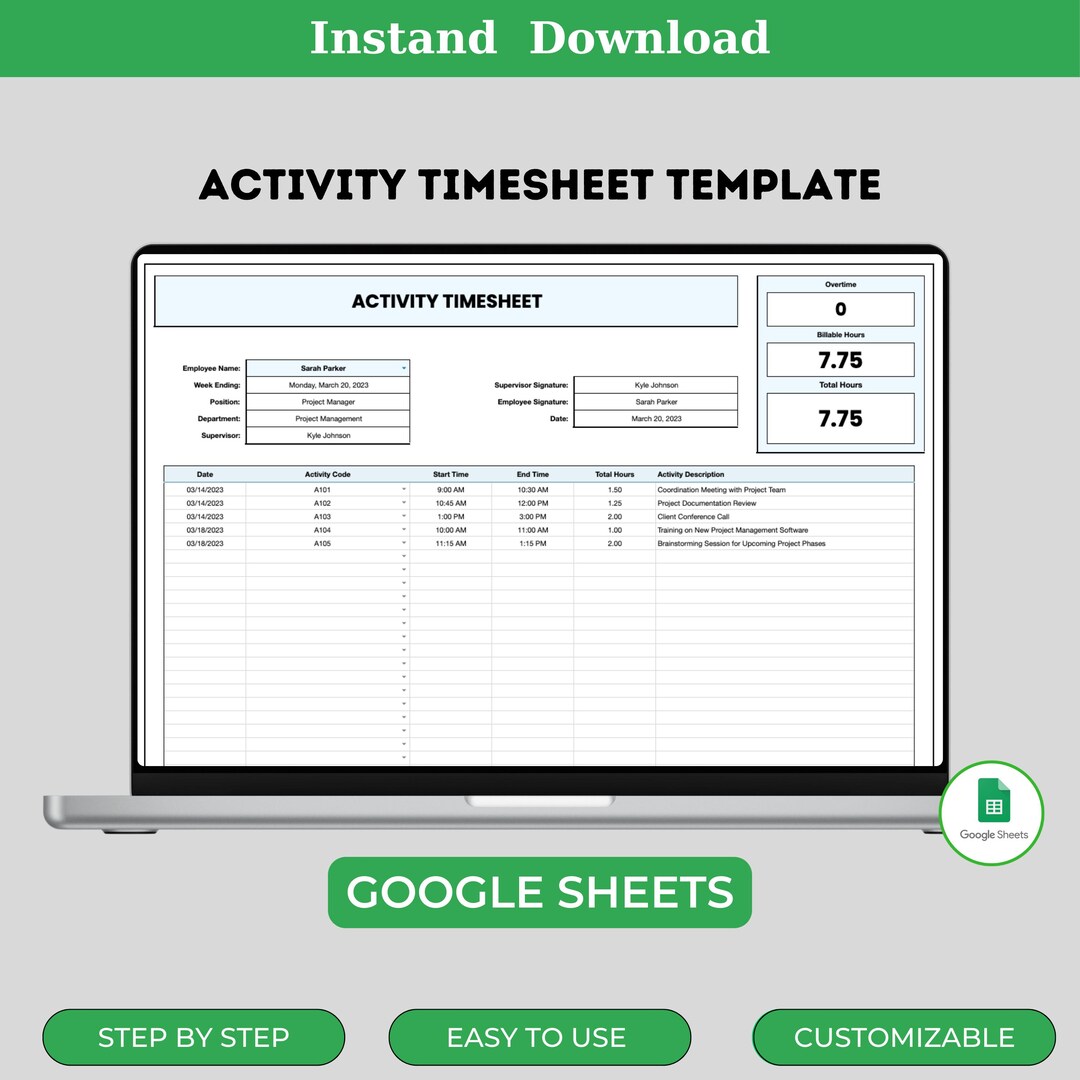 Activity Timesheet Template, Editable Google Sheets for Time Tracking ...