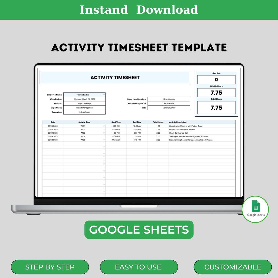 Activity Timesheet Template, Editable Google Sheets for Time Tracking ...