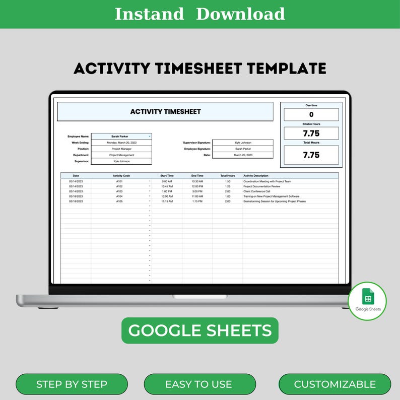 Activity Timesheet Template, Editable Google Sheets for Time Tracking ...