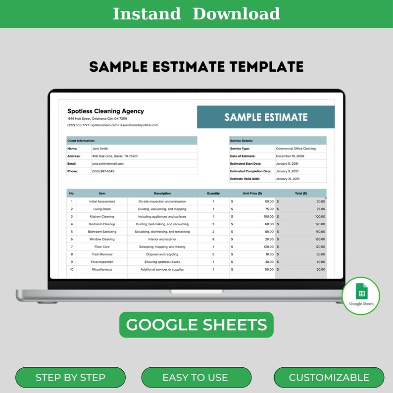 Sample Estimate Template, Digital Download, Editable Google Sheets ...