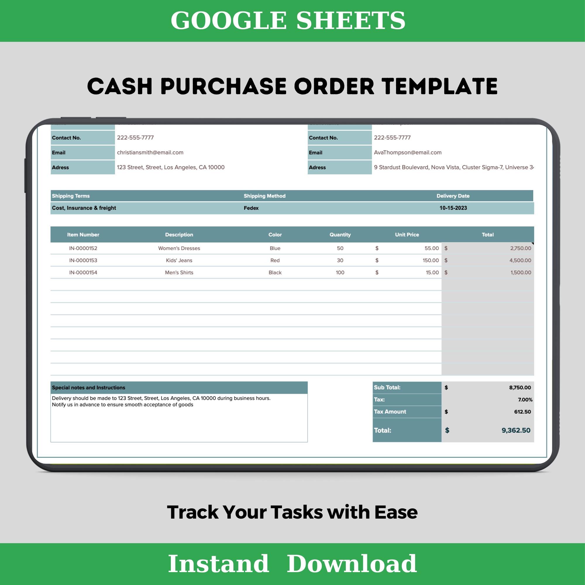 Cash Purchase Order Template, Editable Google Sheets for Order and ...