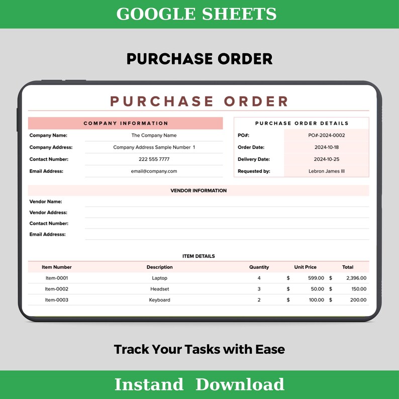 Editable Purchase Order Template, Google Sheets Digital Download for ...