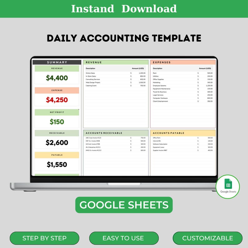 Daily Accounting Template, Editable Google Sheets for Tracking Daily ...
