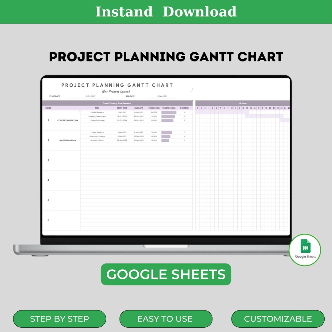 Project Planning Gantt Chart, Editable Google Sheets for Project ...