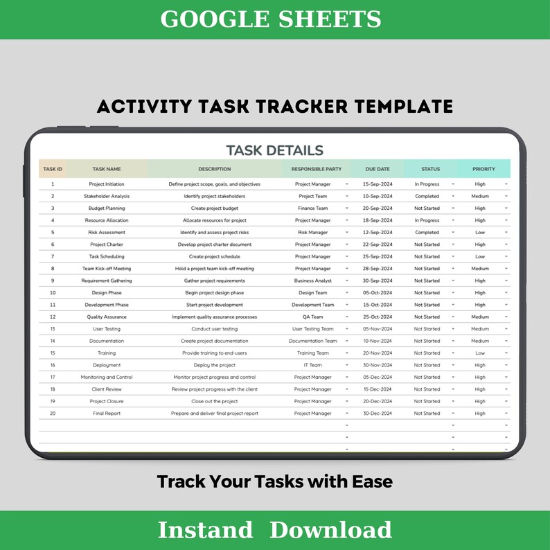 Activity Task Tracker Template, Google Sheets, Digital Download ...