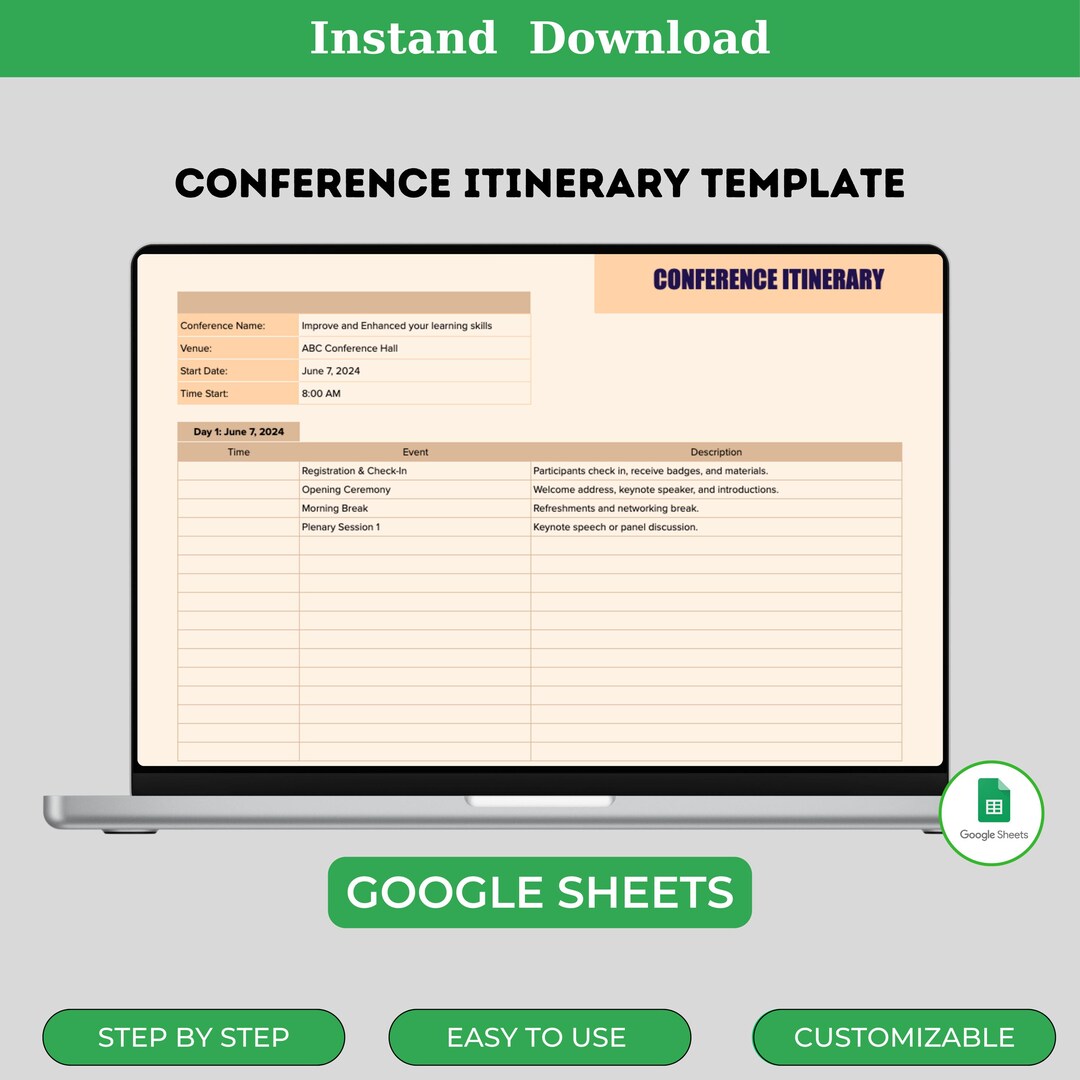 Conference Itinerary Template, Digital Download, Editable Google Sheets ...