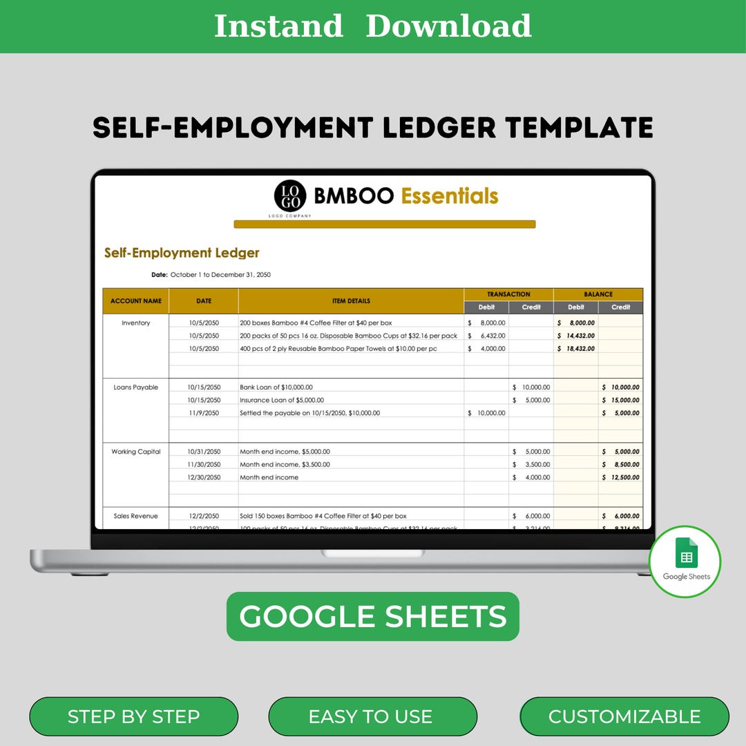 Self-employment Ledger Template, Google Sheets, Digital Download ...
