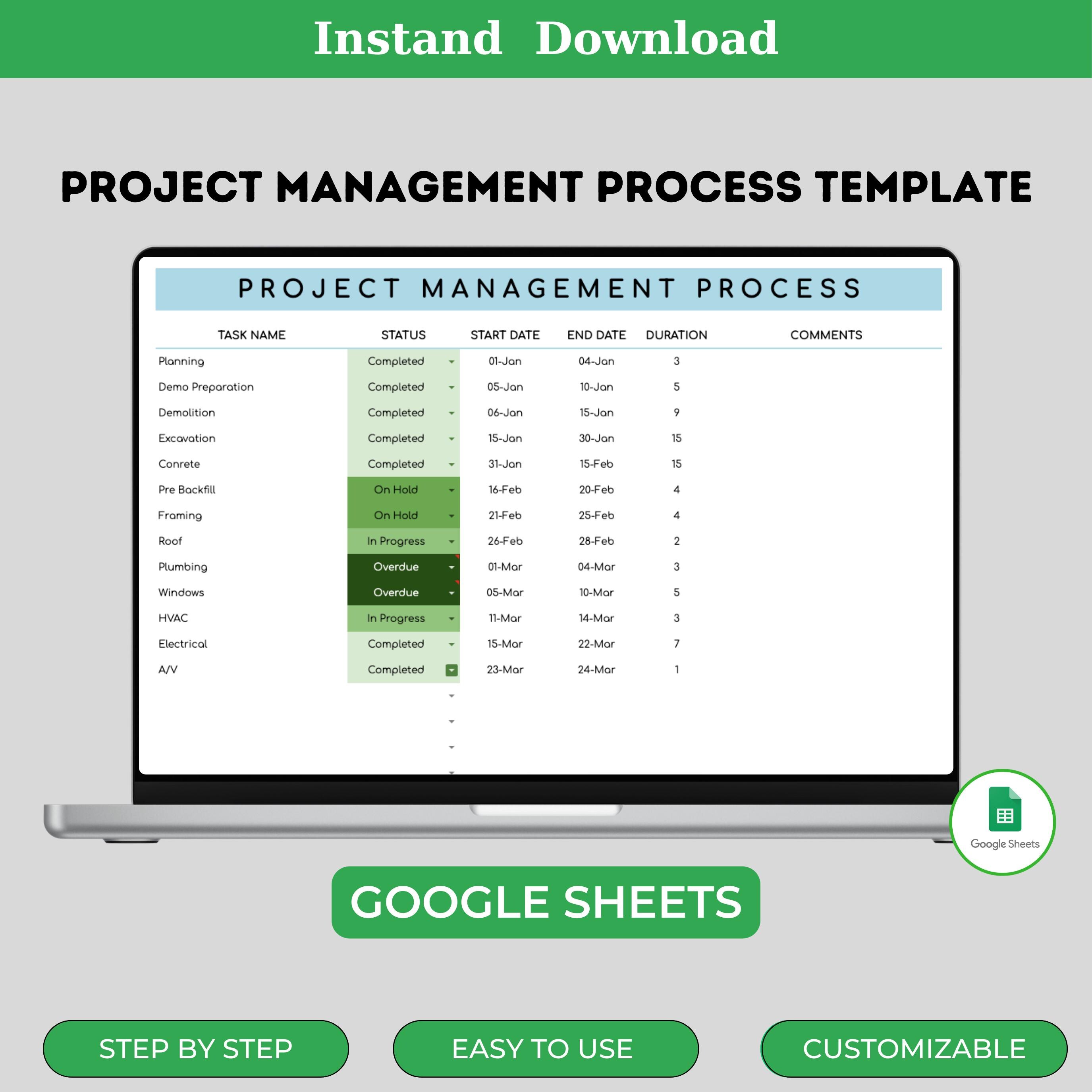 Project Management Process Template, Editable Google Sheets for ...