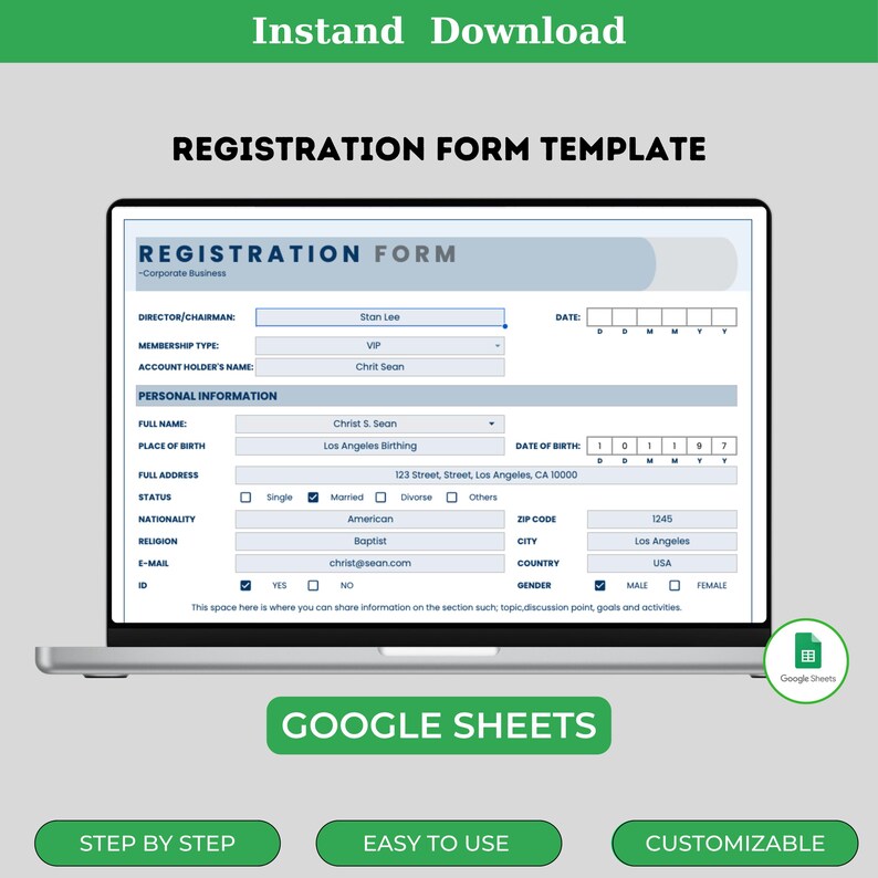Registration Form Template, Digital Download, Editable Google Sheets ...