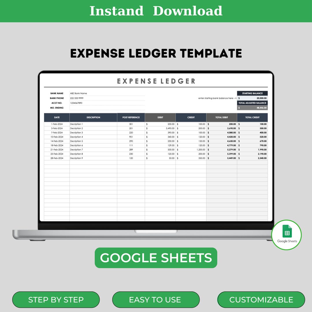 Expense Ledger Template, Google Sheets, Digital Download, Editable ...