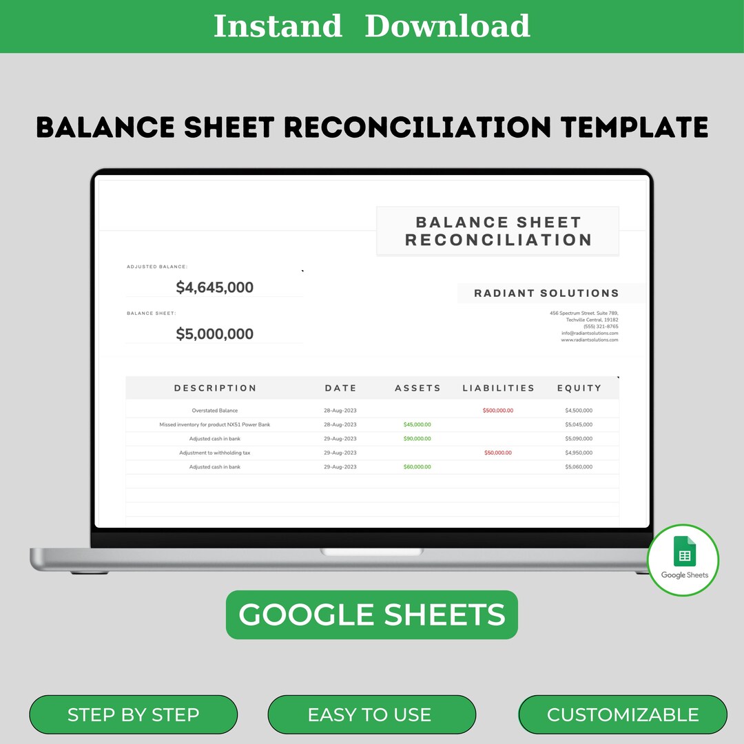 Balance Sheet Reconciliation Template, Editable Google Sheets for ...