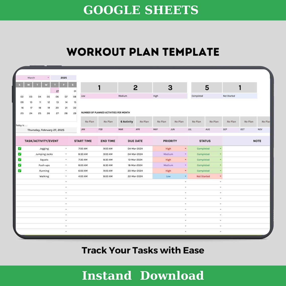 Workout Plan Template, Google Sheets, Editable, Digital Download ...