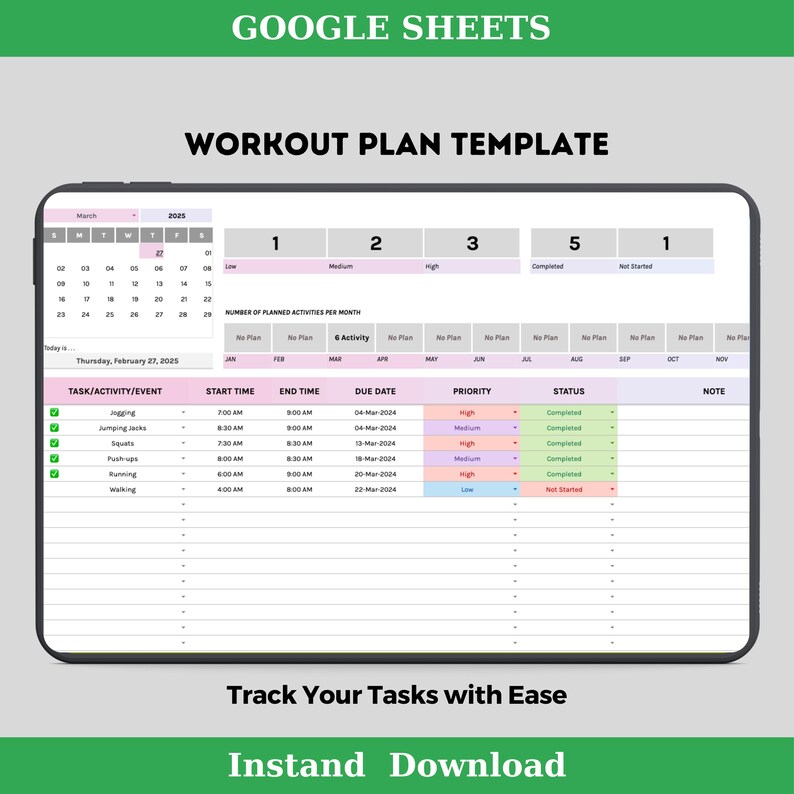 Workout Plan Template, Google Sheets, Editable, Digital Download ...