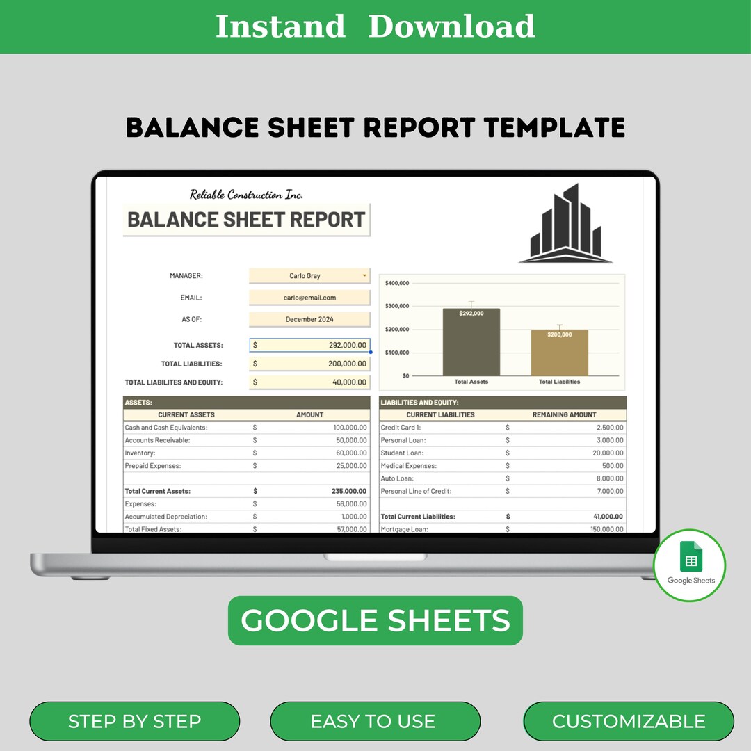 Balance Sheet Report Template, Digital Download, Editable Google Sheets ...