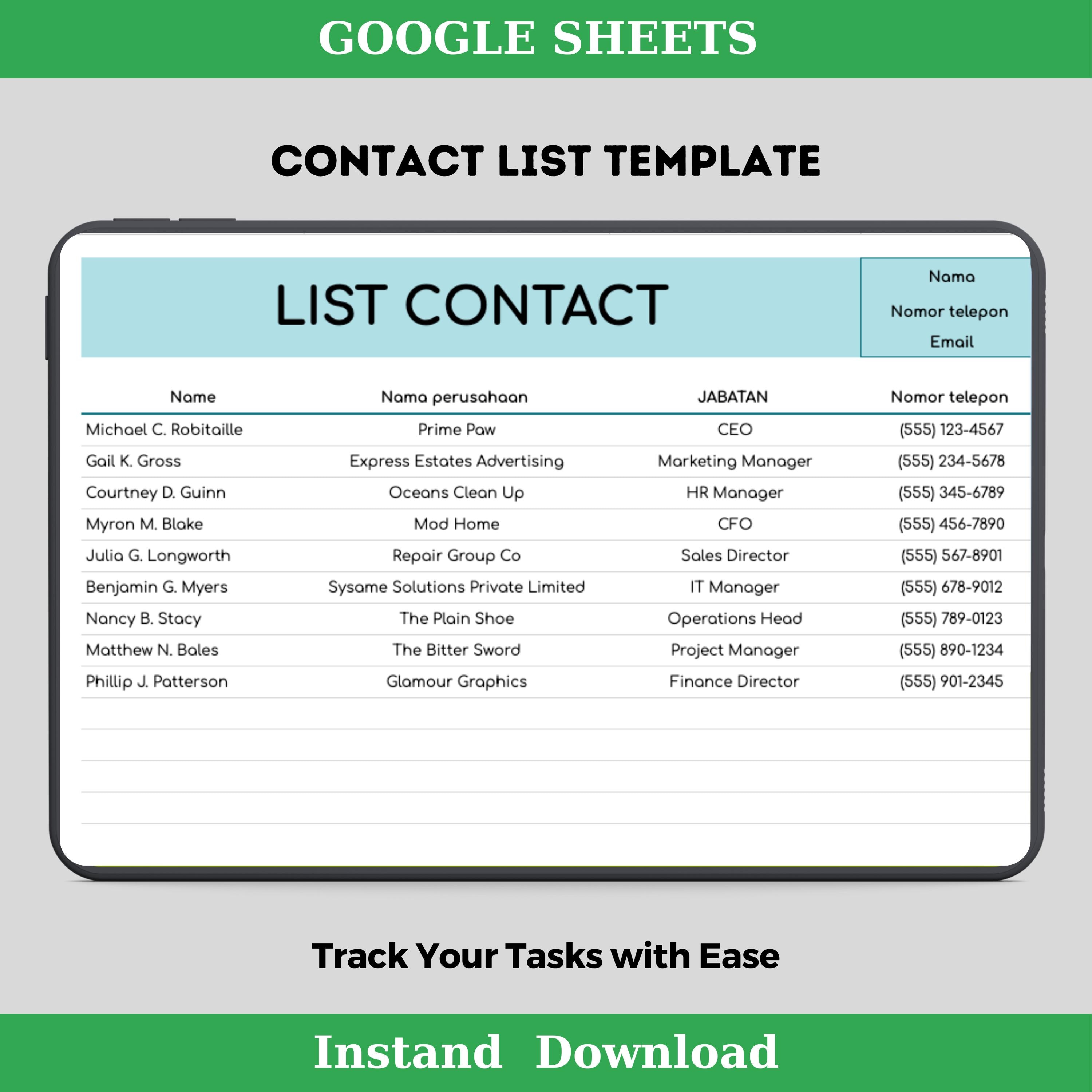Editable Contact List Template, Digital Download for Business and ...