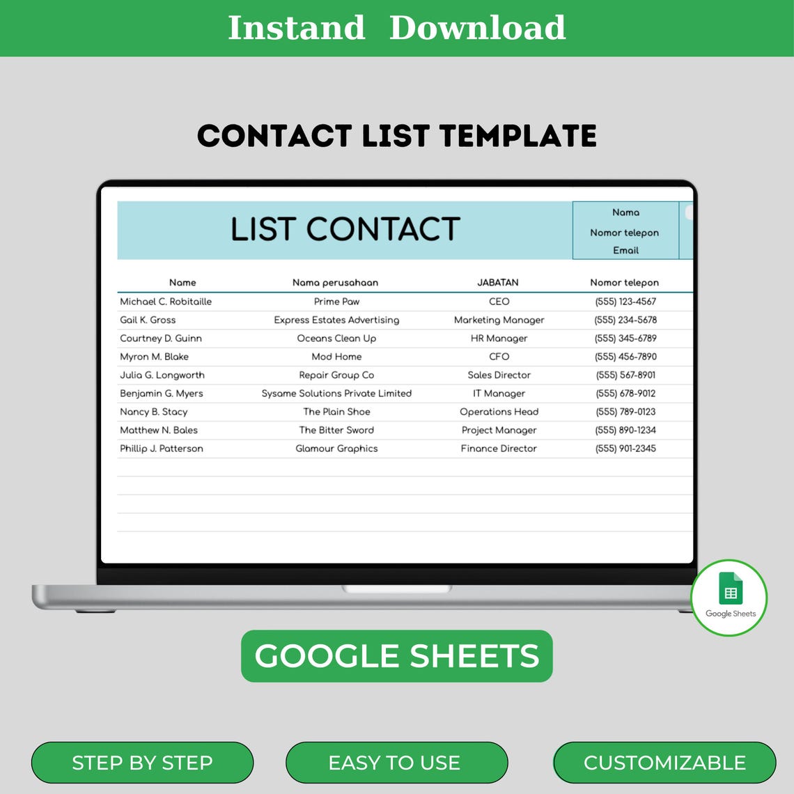 Editable Contact List Template, Digital Download for Business and ...