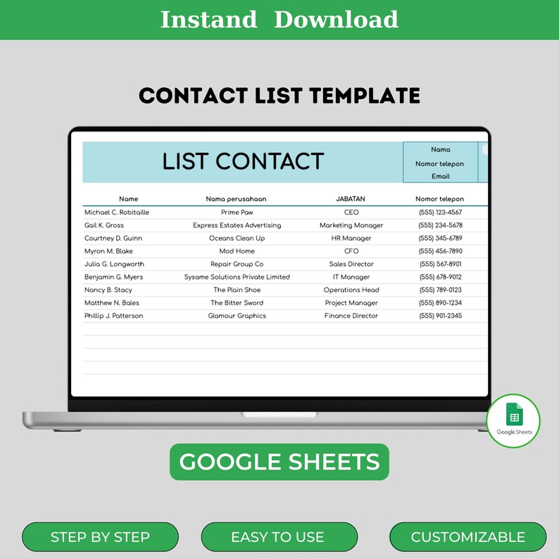 Editable Contact List Template, Digital Download for Business and ...